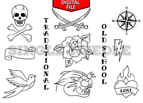 Traditional Old School Hand Poke Flash Sheet & Stencil | SINGLE NEEDLE